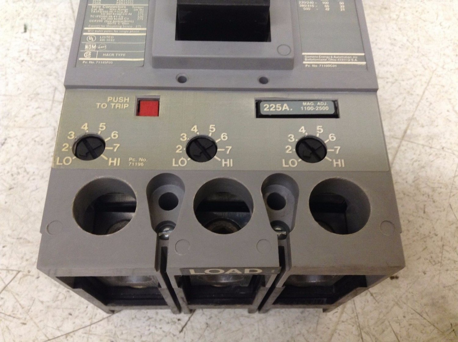 Siemens HFD63F250 250 Amp 600 VAC 3 Pole Circuit Breaker 225 Amp Plug HFD6
