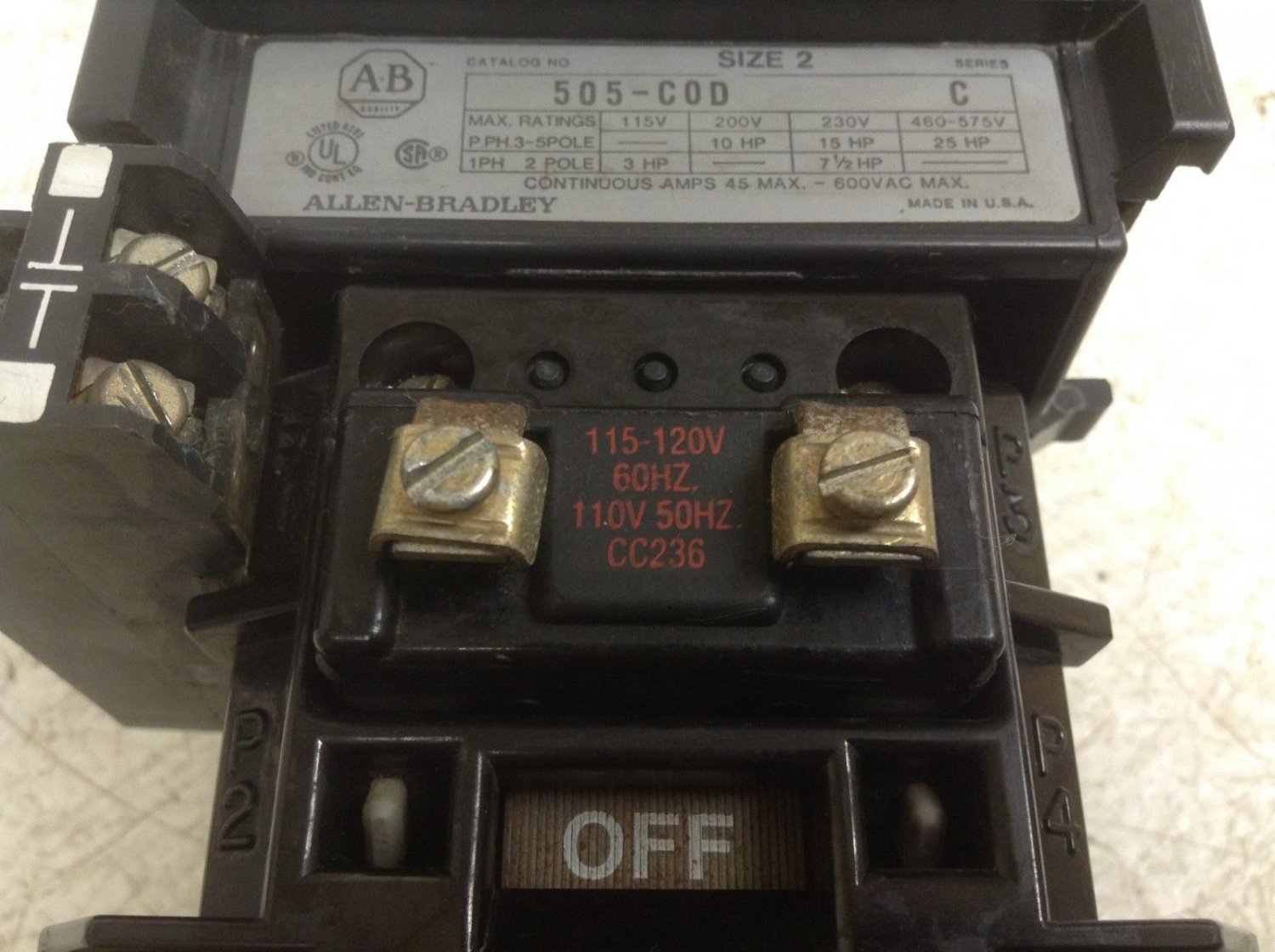 Allen Bradley 505-COD Size 2 Motor Starter 110/115-120 VAC Coil 505COD ...