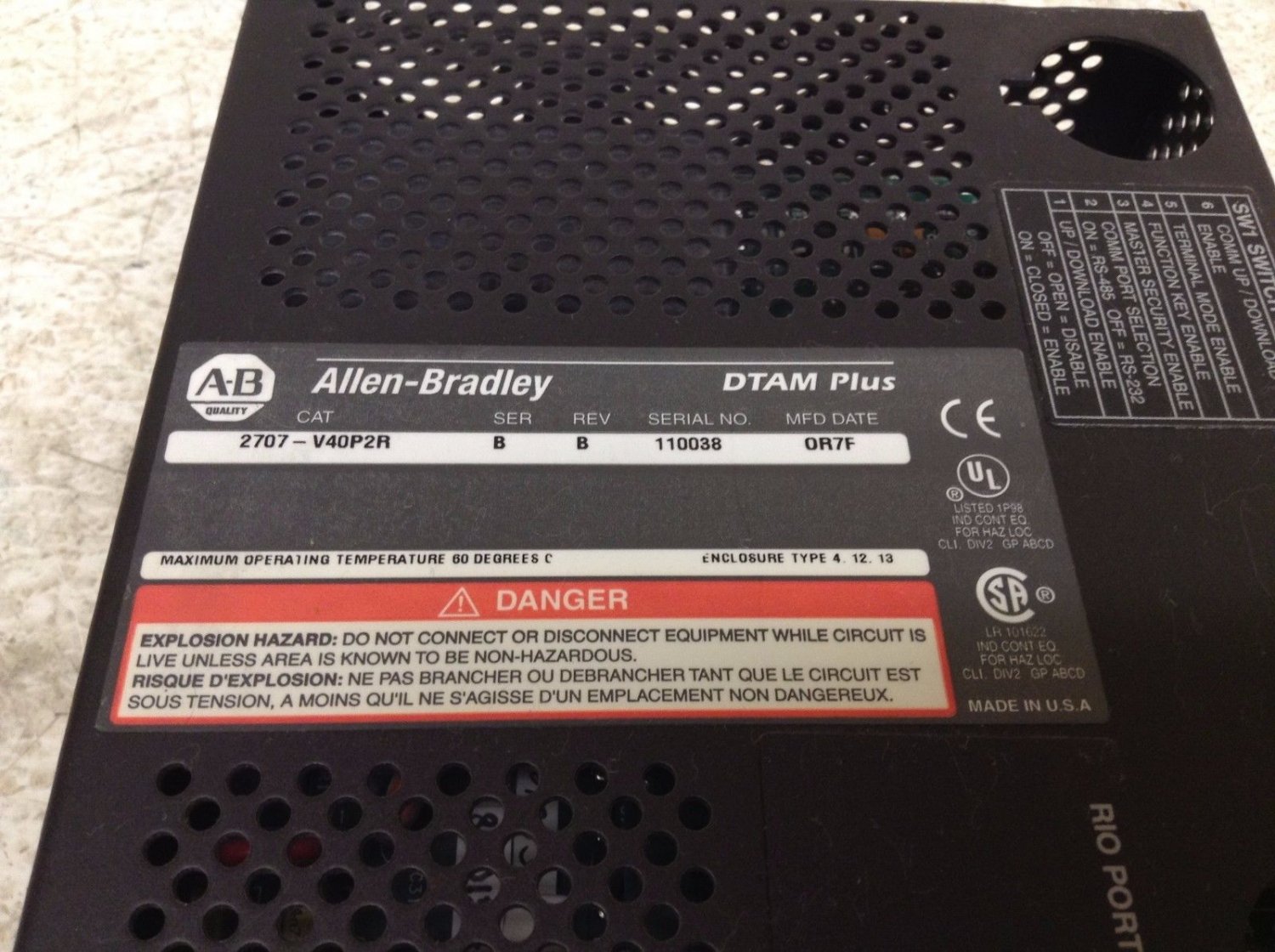 Allen Bradley 2707-V40P2R DTAM Plus Ser. B Rev. B RIO / RS232 2707V40P2R