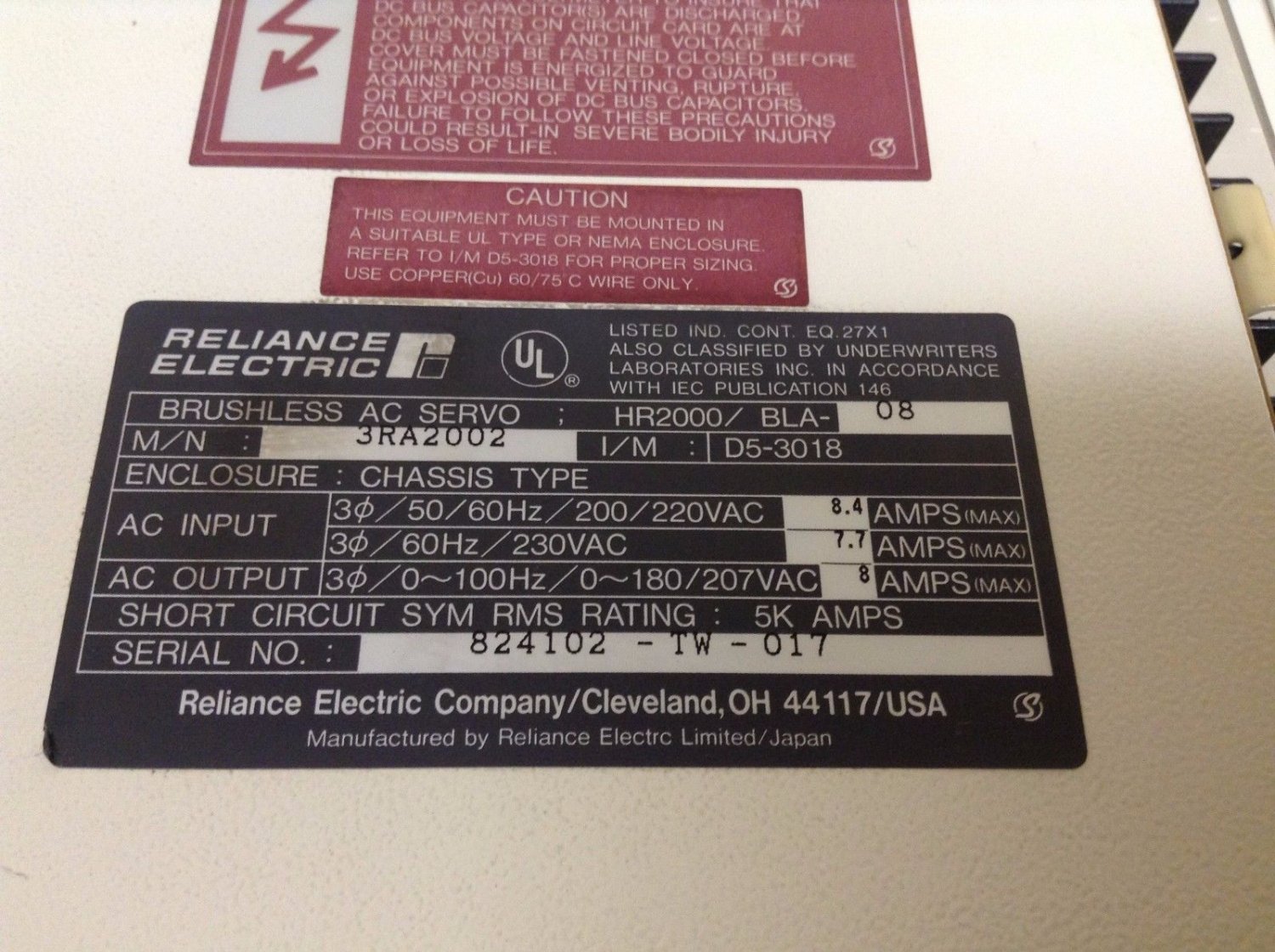 Reliance Electric HR2000/BLA-08 3RA2002 180/207 VAC 8 Amp Brushless AC ...
