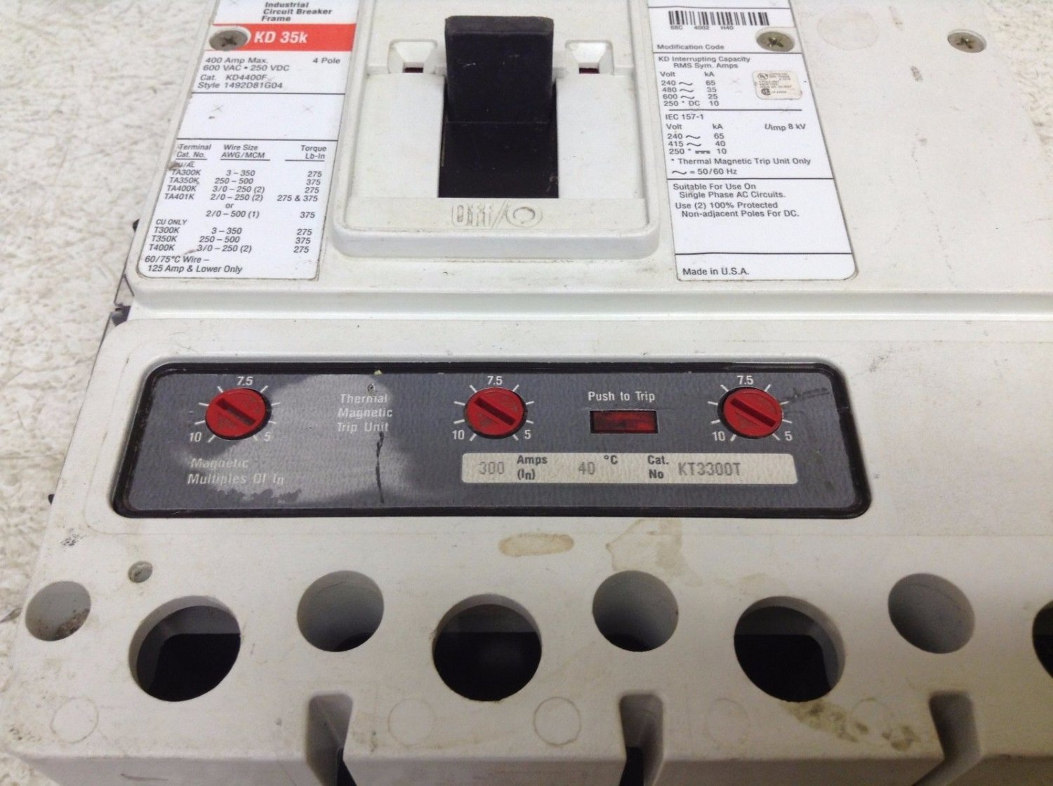 Cutler Hammer KD4400F 400 Amp 4 Pole 600 VAC Circuit Breaker KT3300T ...