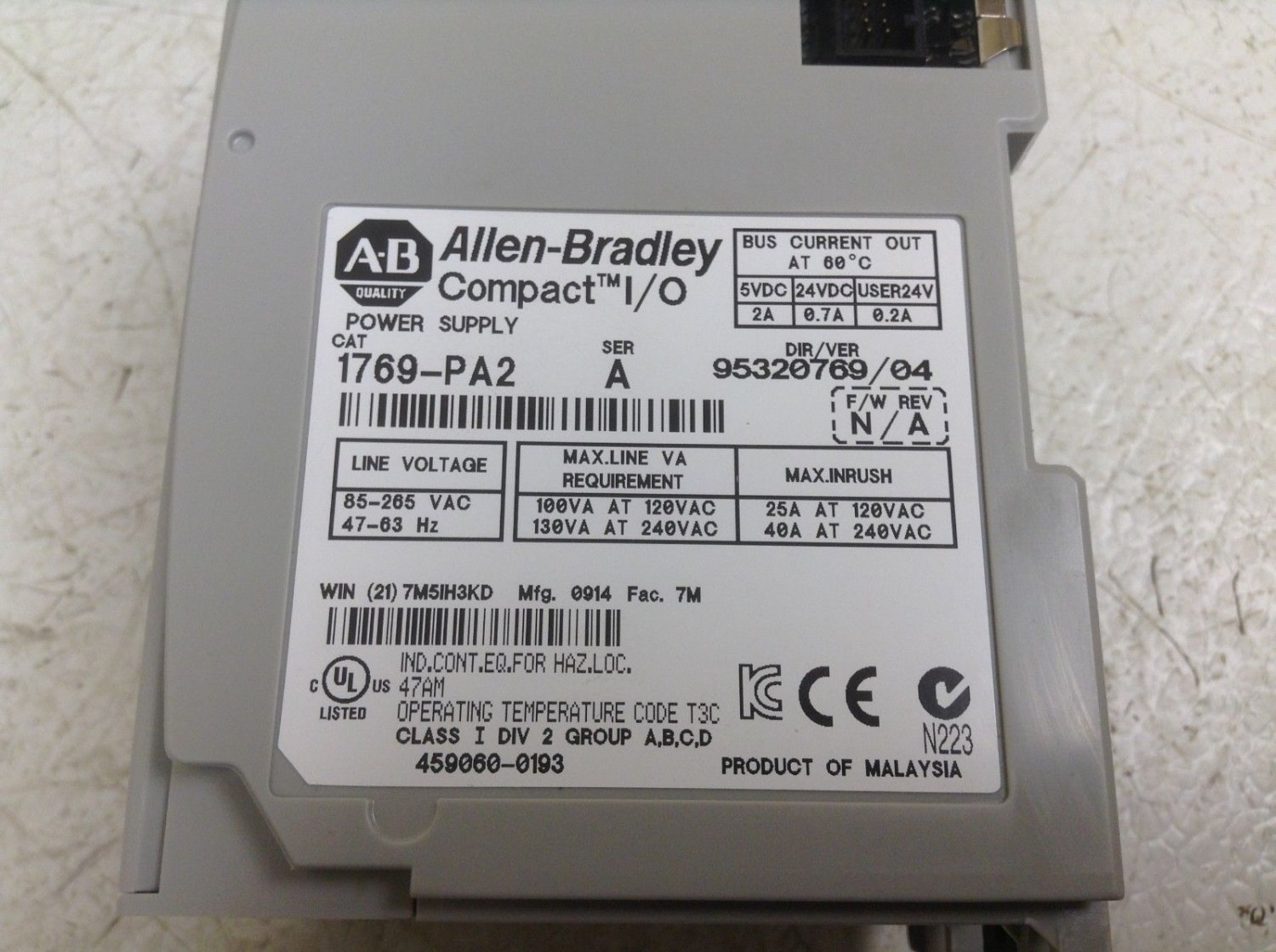 Allen Bradley 1769-PA2 Compactlogix Power Supply Module Ser A 1769PA2