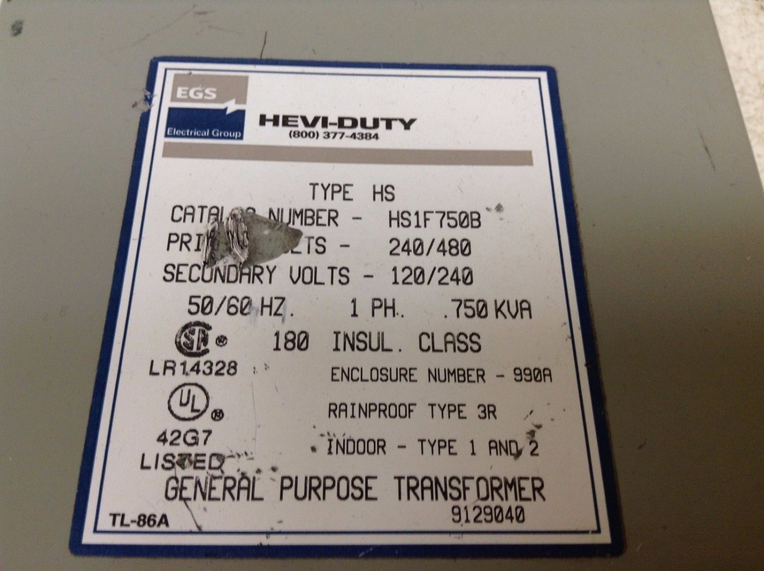 Sola Hevi Duty HS1F750B Transformer 750 VA .750 KVA Single Phase