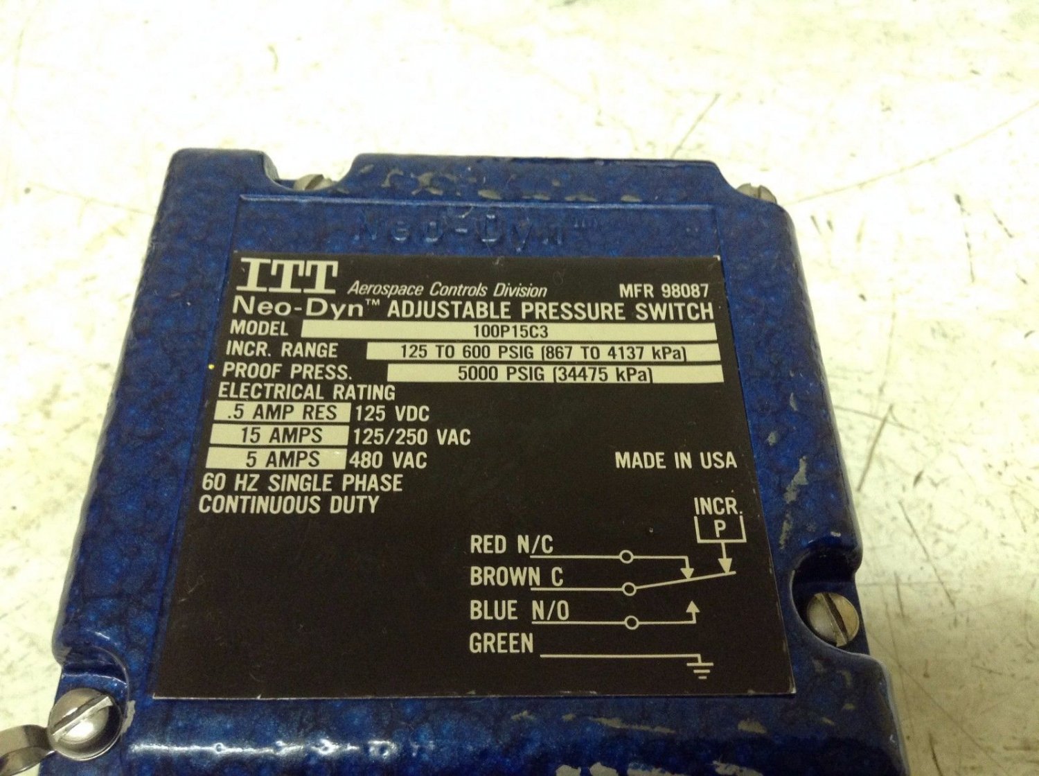 ITT Neo-Dyn 100P15C3 Adjustable Pressure Switch 125-600 PSIG New (TSC)