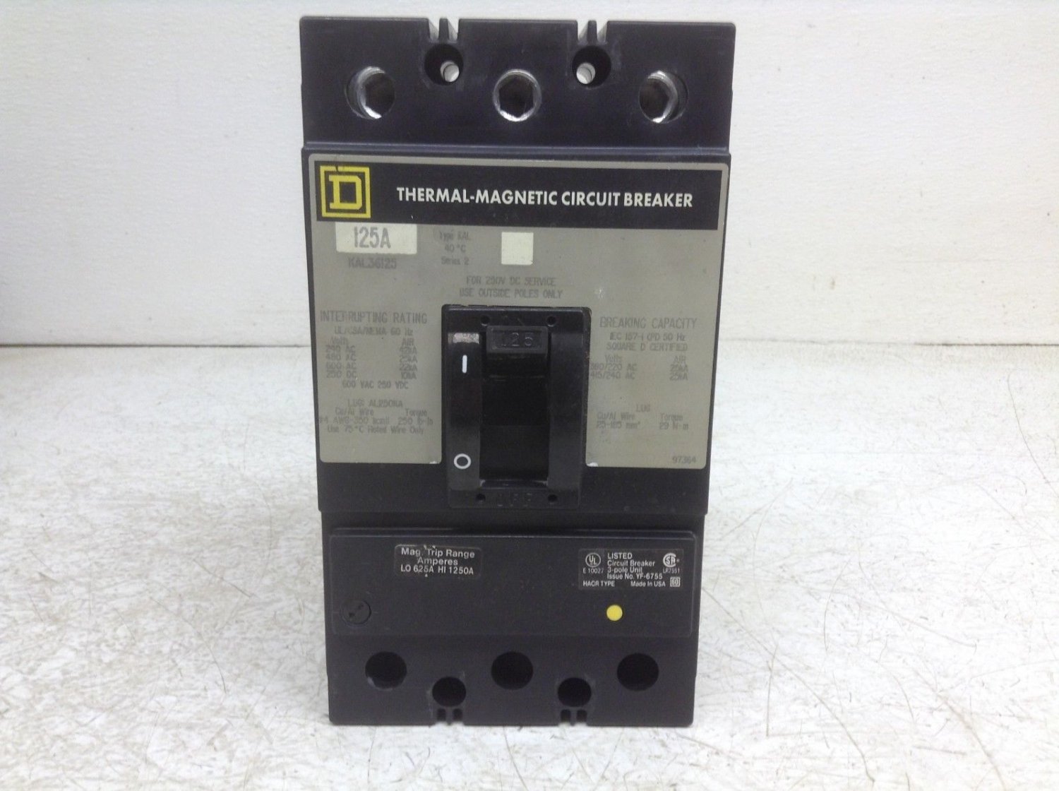 Square D KAL36125 125 Amp 3 Pole Circuit Breaker 600 VAC 250 VDC KAL KAL36