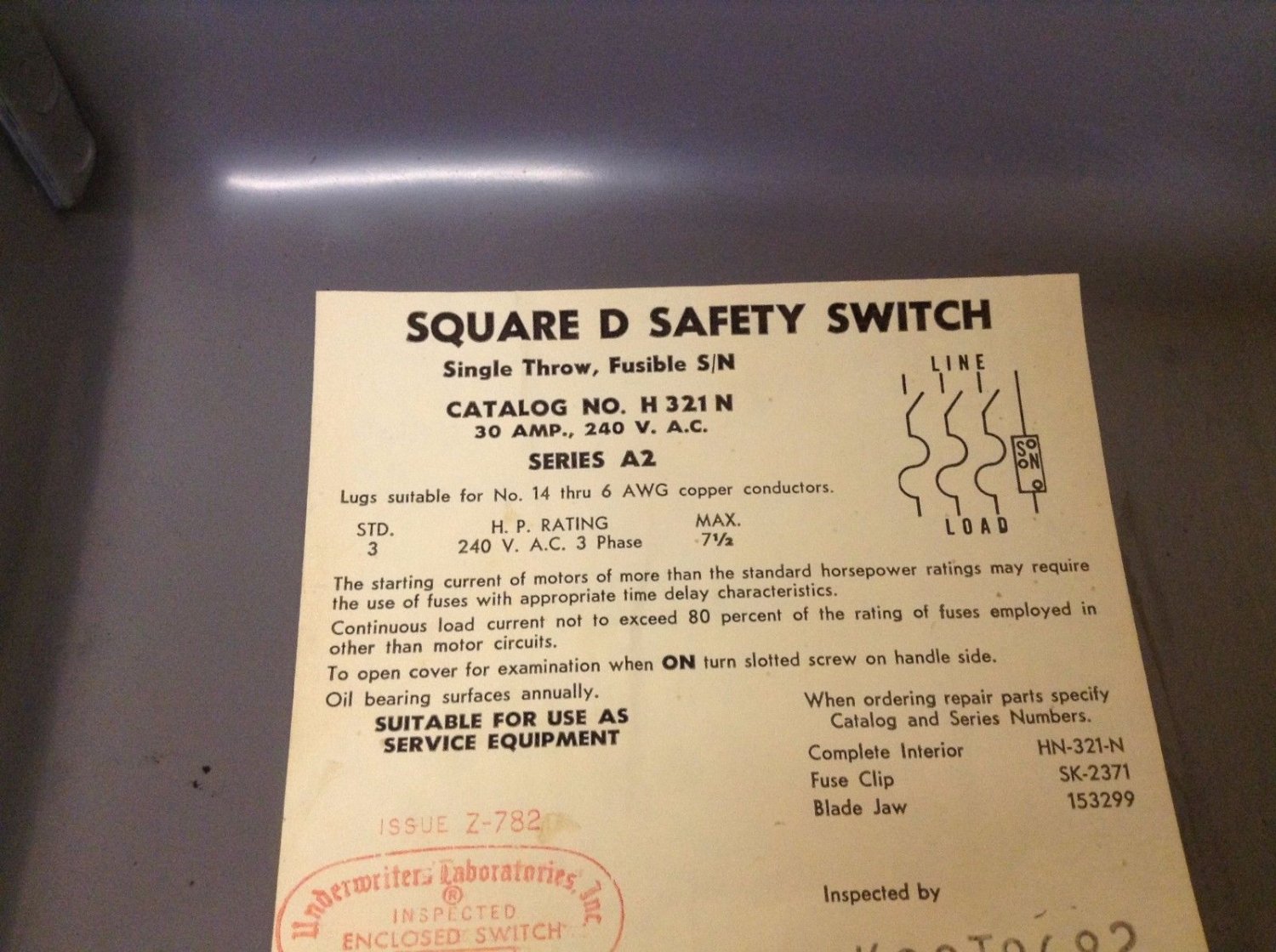 Square D H321N 30 Amp 240 VAC Fusible Disconnect Switch H-321-N (TSC)