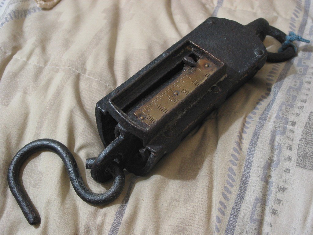 WEIGHT SCALE Antique Hanging Cast Iron Pull Down 200 lb