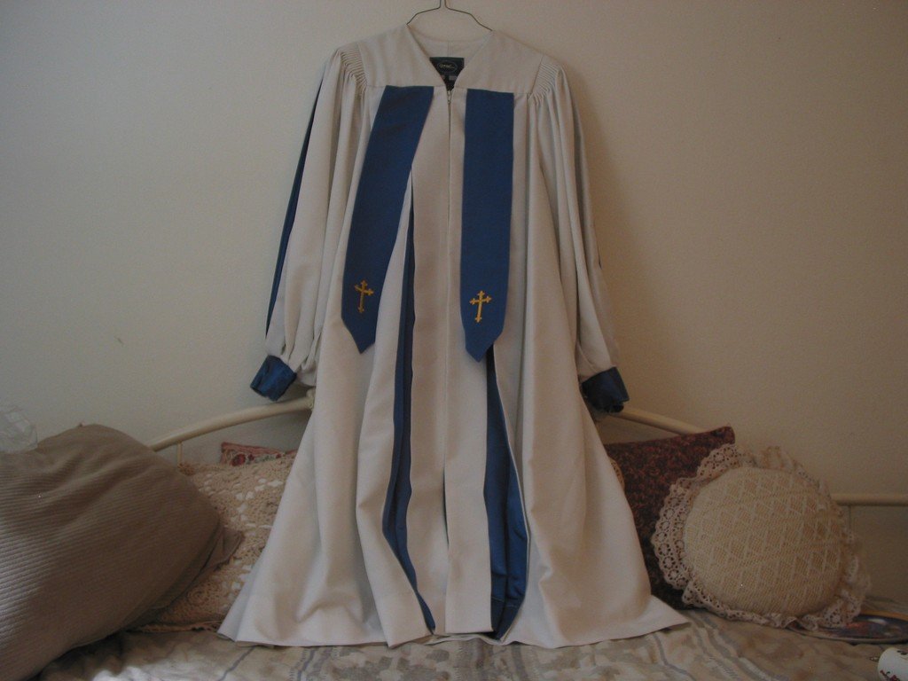 Priest Pulpit Robe Gown White Purple Trim Used Vestment