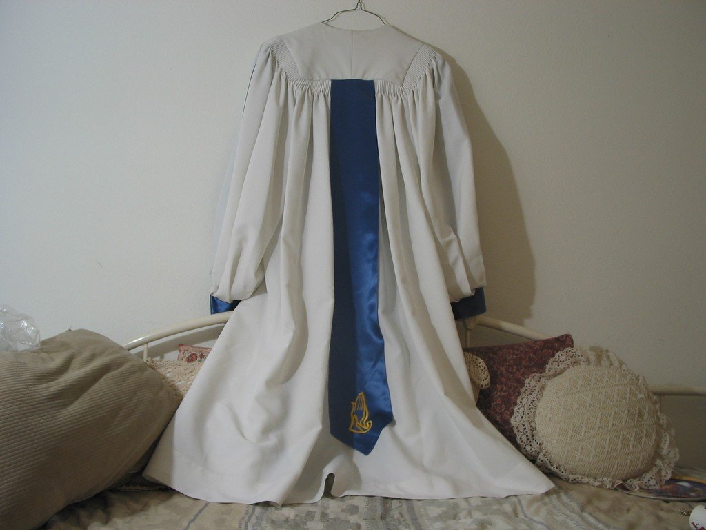 Priest Pulpit Robe Gown White Purple Trim Used Vestment