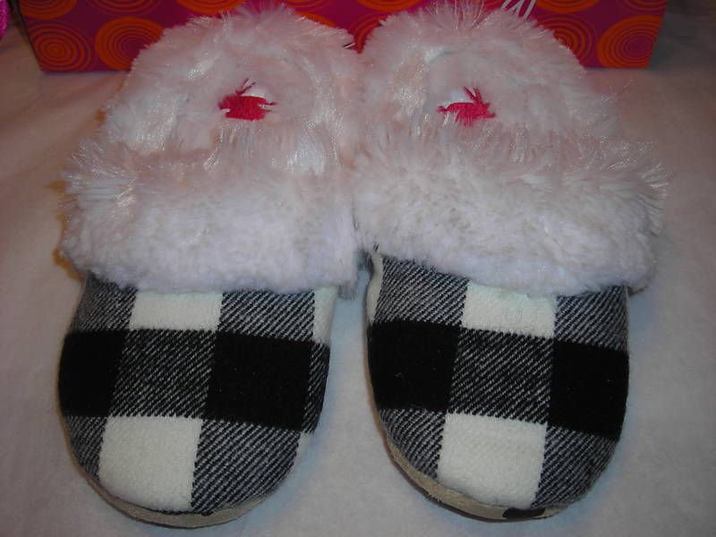 Jenni Indoor Fluffly Black White Plaid Red Bunny Slippers Scuffs Large 9-10
