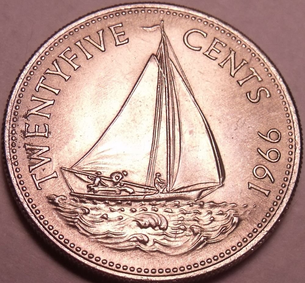 Unc Bahamas 1966 25 Cents~Bahamian Sloop~1st Year For Bahama Coinage ...