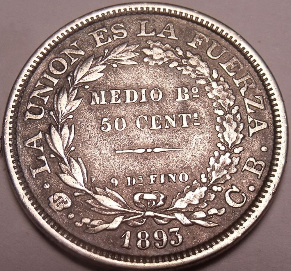 Large Silver Bolivia 1893-CB 50 Centavos~.900 Silver~Free Shipping