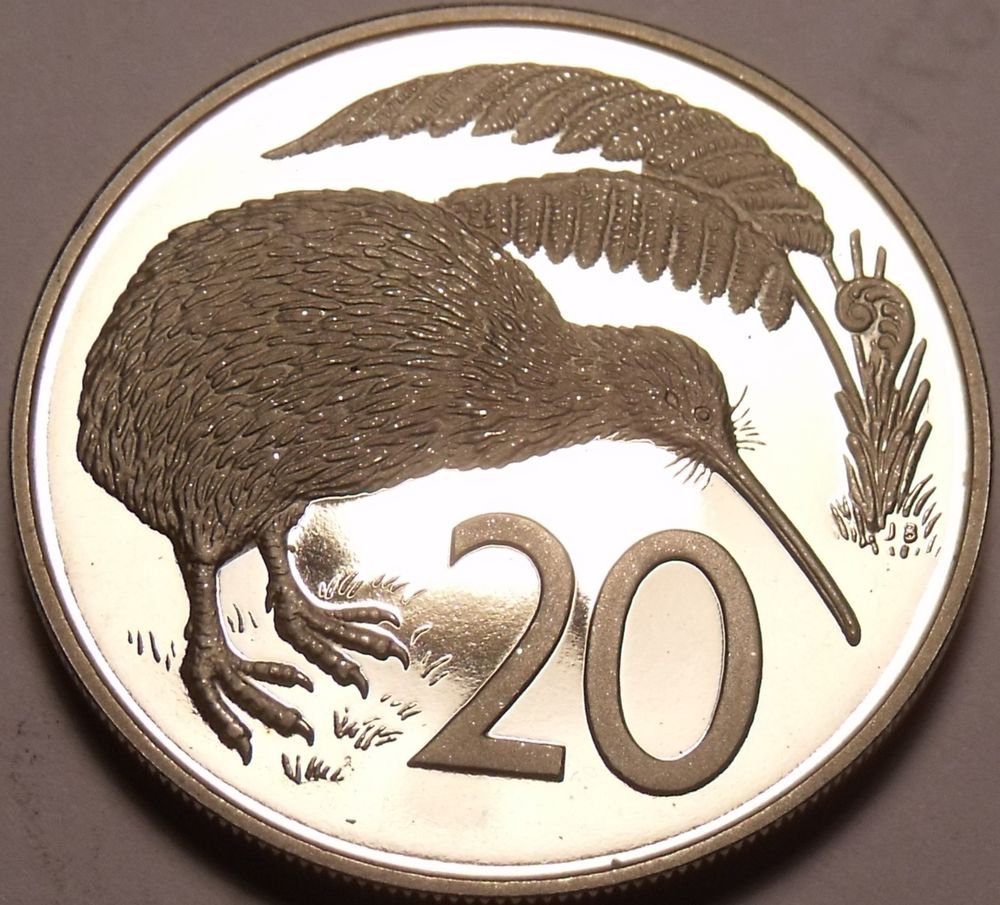 Large Rare Cameo Proof New Zealand 1976 20 Cents~11,000 Minted~Kiwi Bird~Free Sh