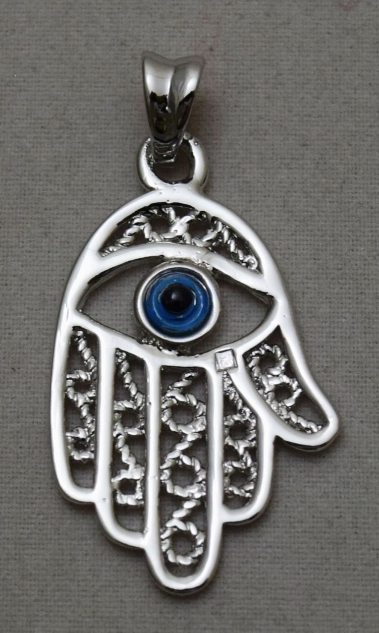 Hallmark Egyptian Islamic Silver Platinum Plated Pendant,925, Fatima Hand