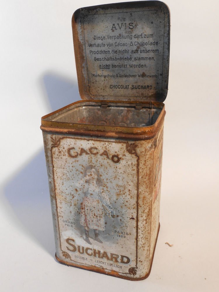 Antique old SUCHARD Swiss cacao cocoa tin can big box child view approx ...