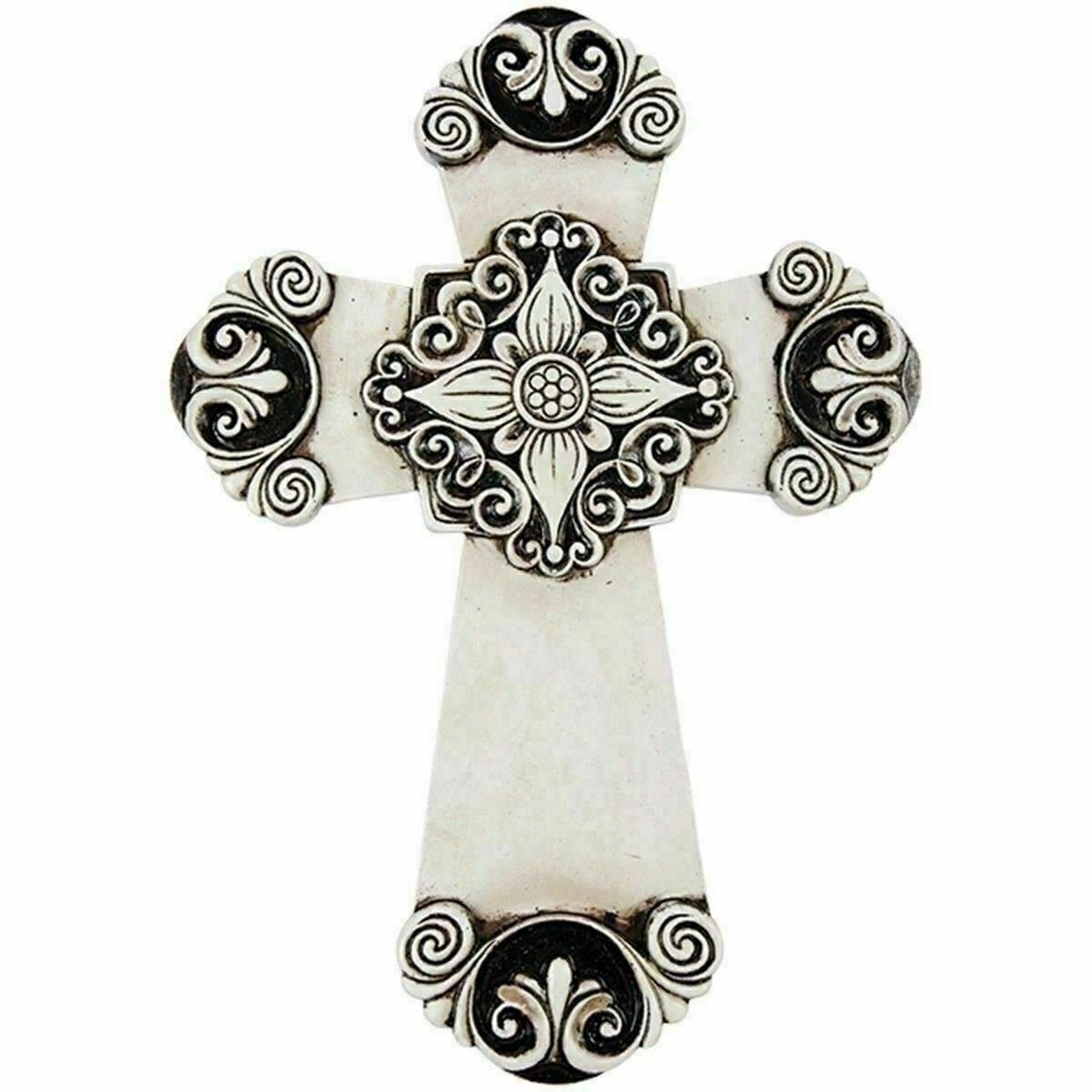 Antiqued Ivory Wall Cross w Black Accents Decorative Resin Wall Decoration