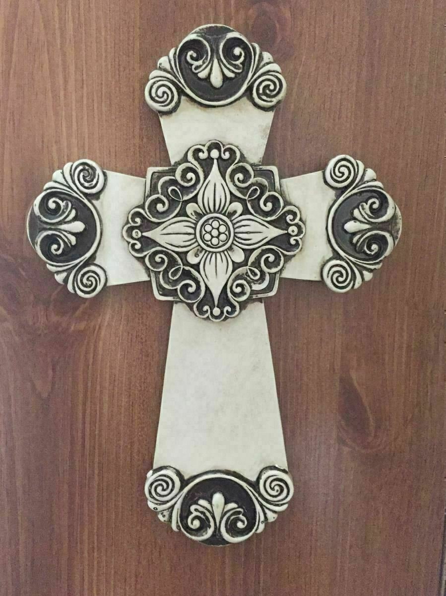 Antiqued Ivory Wall Cross w Black Accents Decorative Resin Wall Decoration