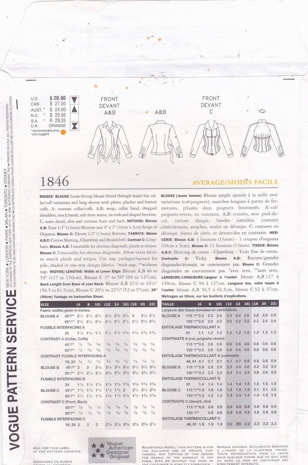 Vogue 1846 Pattern Uncut FF 18 20 22 plus Dressy Wrap and Tie Blouse ...