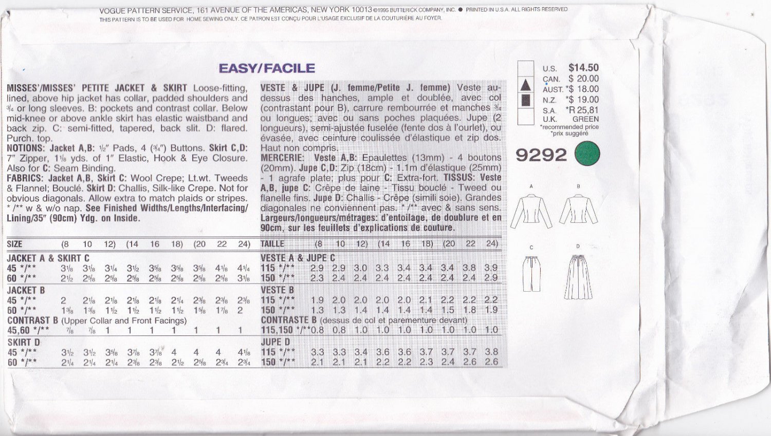 Vogue Woman 9292 Easy Pattern 8 10 12 Lined Jacket Skirt Uncut