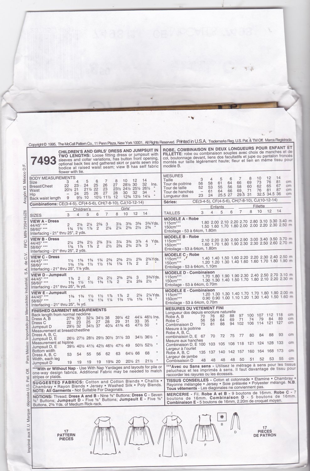 McCall's 7493 Pattern Uncut size 3 4 5 Girls Button Front Short or Long ...