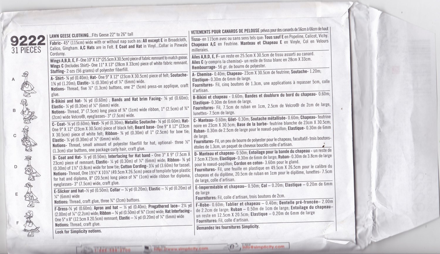 Simplicity 9222 Crafts Sewing Pattern Uncut Costumes for Plastic Lawn Geese