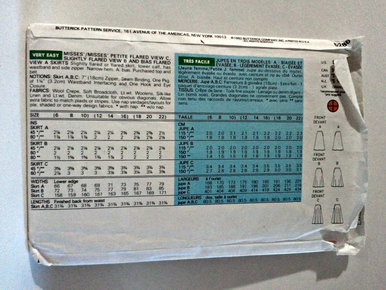 Butterick 6286 Pattern Flared Bias Skirts 18-20-22 Plus Uncut