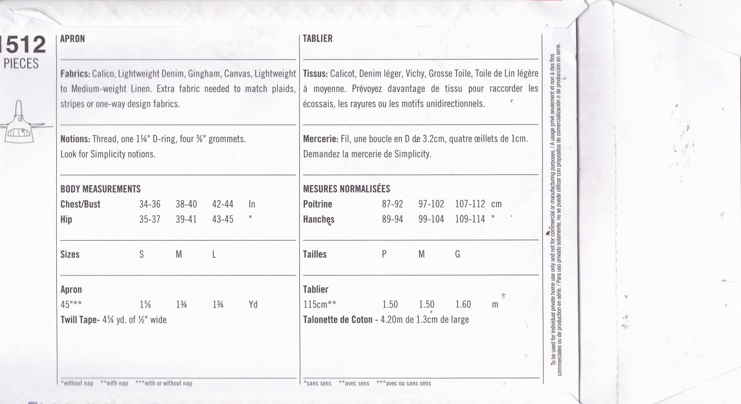 Simplicity 1512 Pattern Uncut Men Women S M L Chest/Bust 34-44 Bib ...