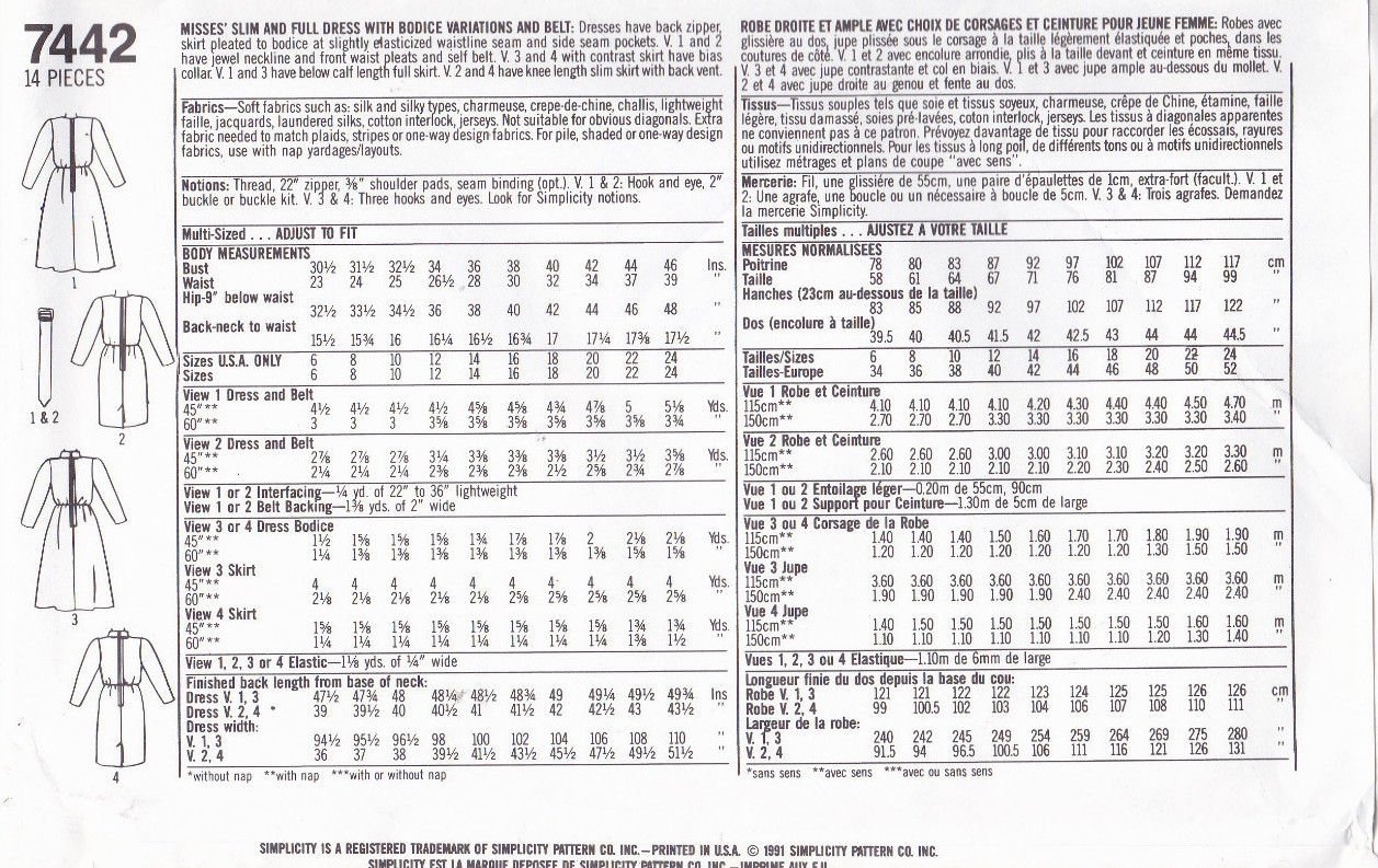 Simplicity Pattern 7442 uncut 10 12 14 16 18 Slim and Full Dress