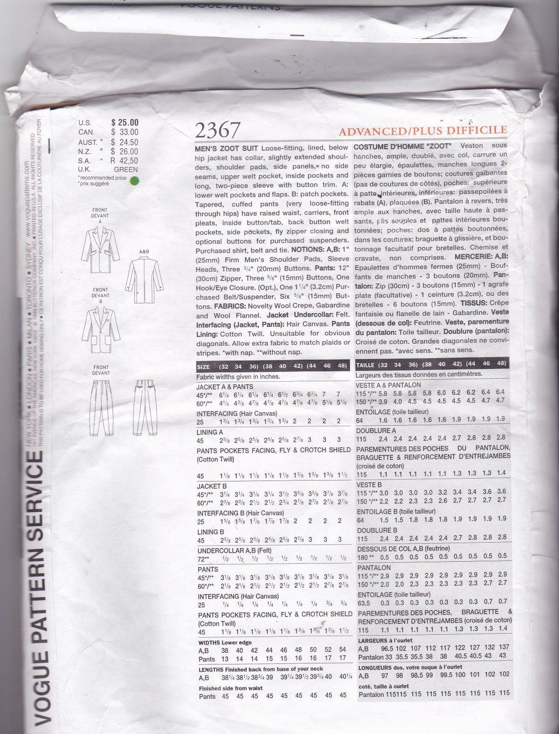 Vogue 2367 Pattern Uncut Men's Zoot Suit Jacket Pants 44 46 48 Uncut ...