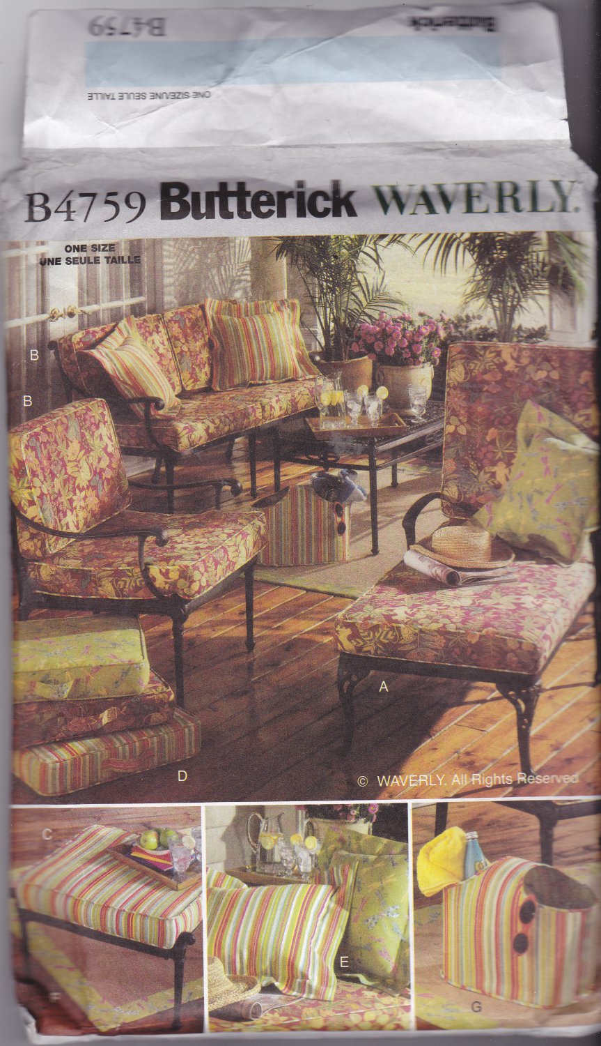Butterick Home Decor Pattern 4759 Uncut FF Outdoor Living Cushions Rug Bag