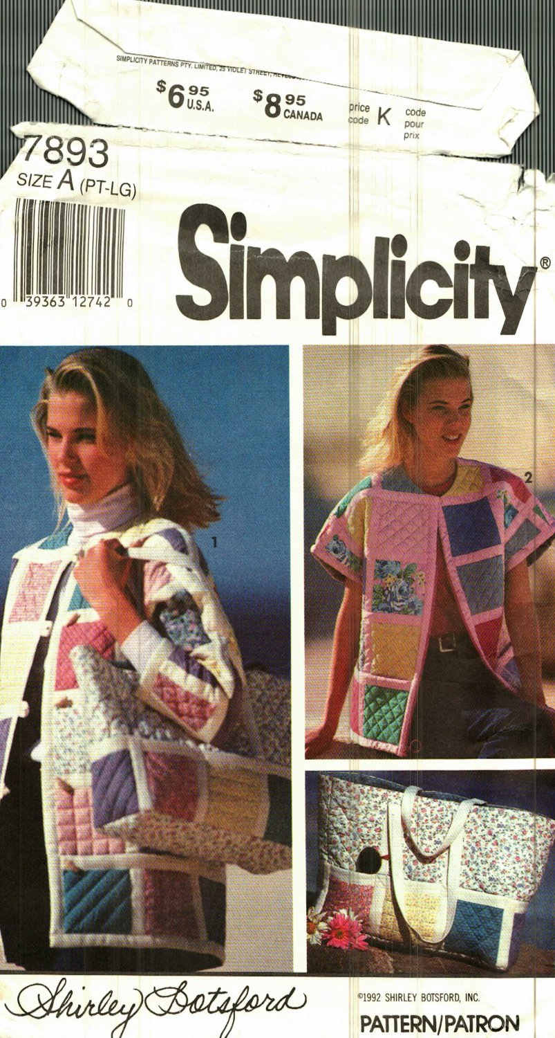 Simplicity 7893 Pattern Uncut pt-lg Quilted Jacket Tote Bag Shirley ...