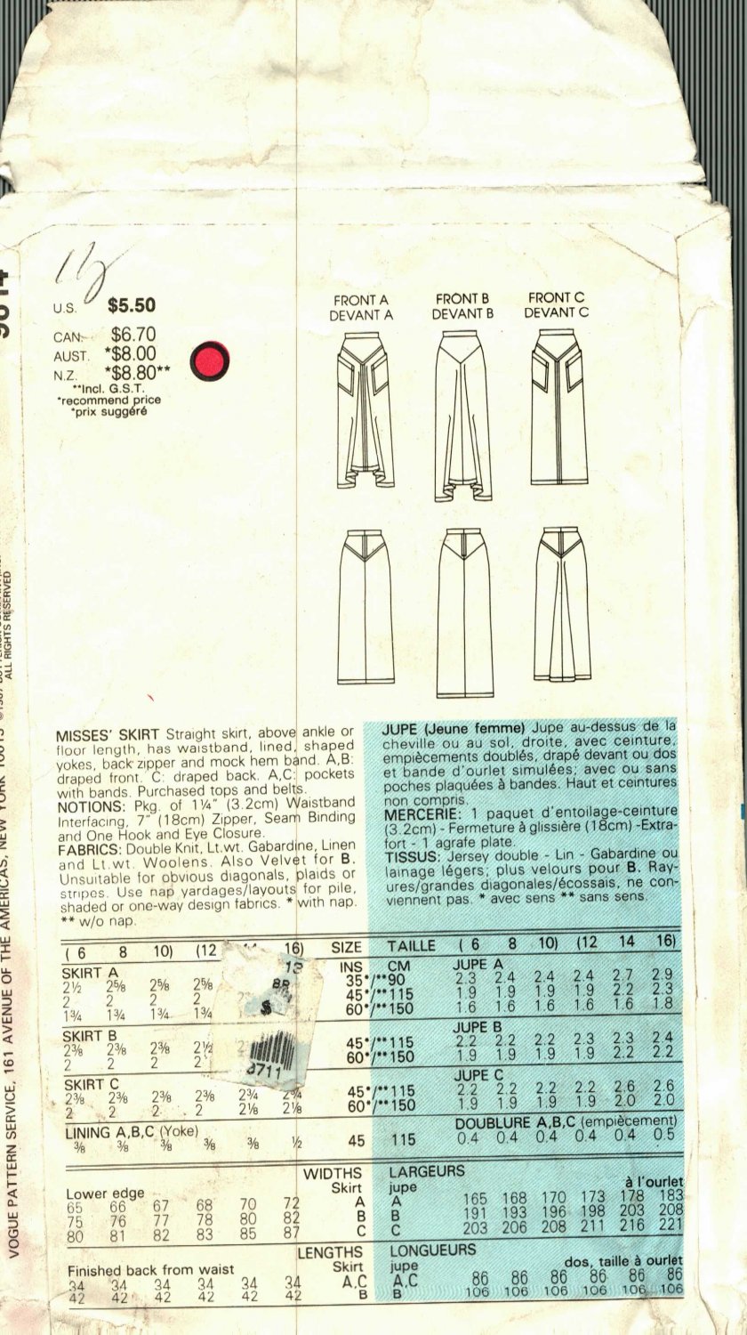 Vogue 9814 Pattern 6 8 10 Straight Skirt Shaped Hem Yokes 1980s