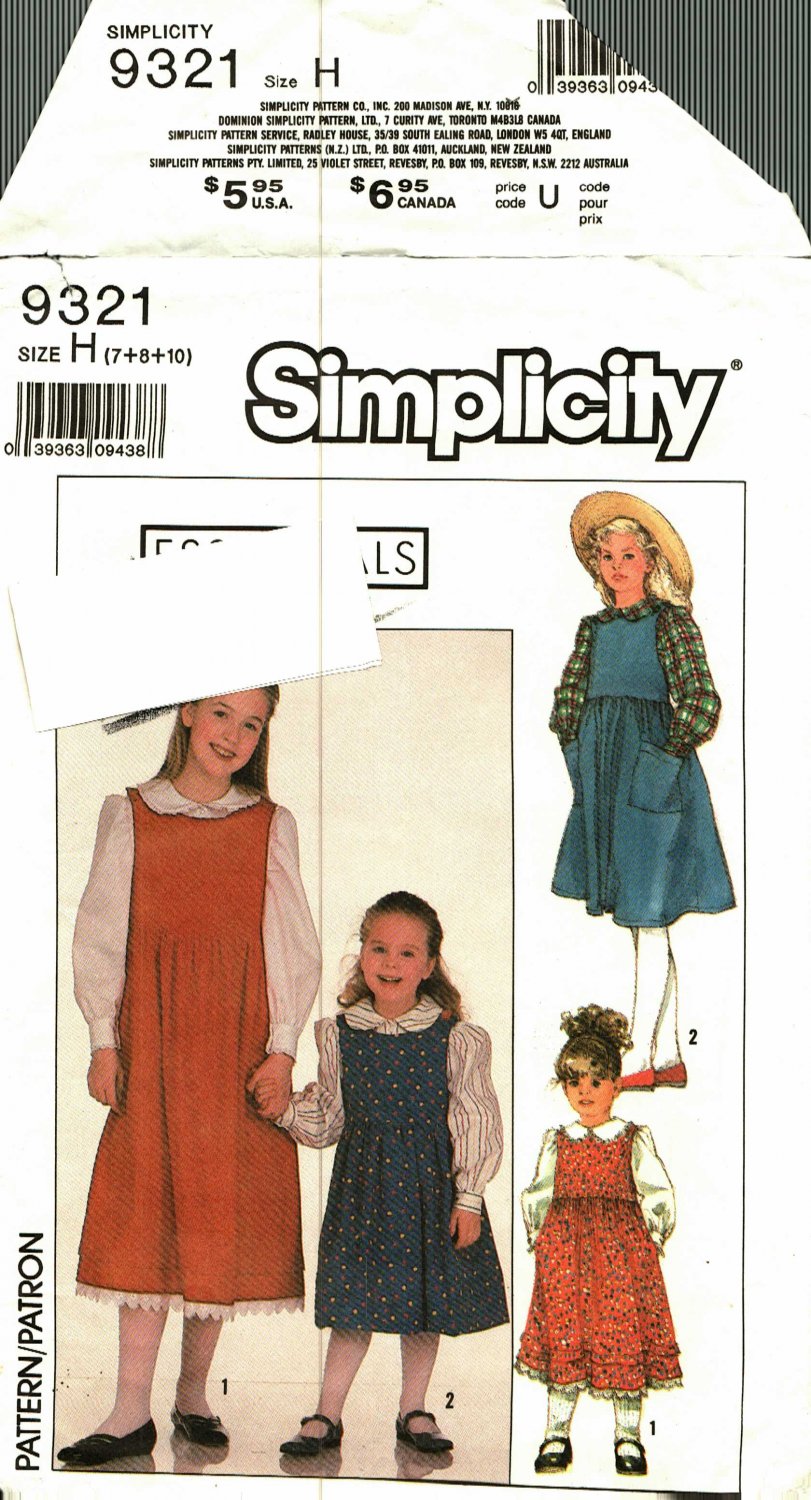 Simplicity 9321 Pattern uncut Girls 7 8 10 Jumpers Blouse Peter Pan Collar