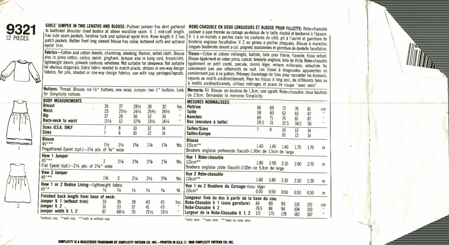 Simplicity 9321 Pattern uncut Girls 7 8 10 Jumpers Blouse Peter Pan Collar