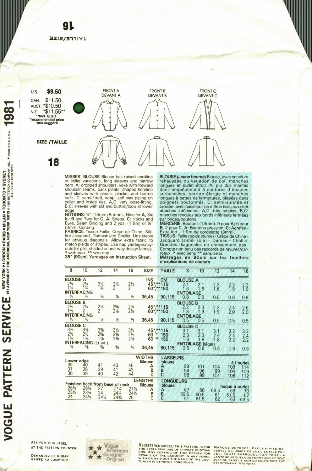 Vogue 1981 Pattern Uncut Size 16 Bust 38 Classic Long Sleeve Blouse Calvin Klein Easy to Sew