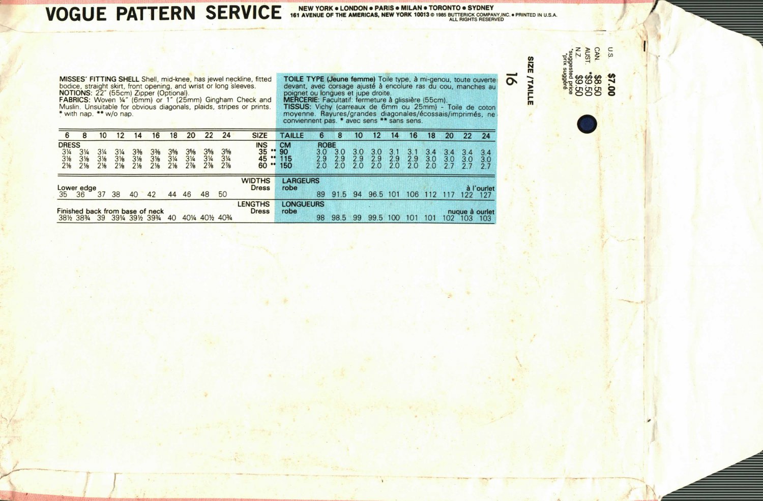 Vogue 1000 Pattern Uncut Size 16 Basic Fitting Shell Dress Sloper