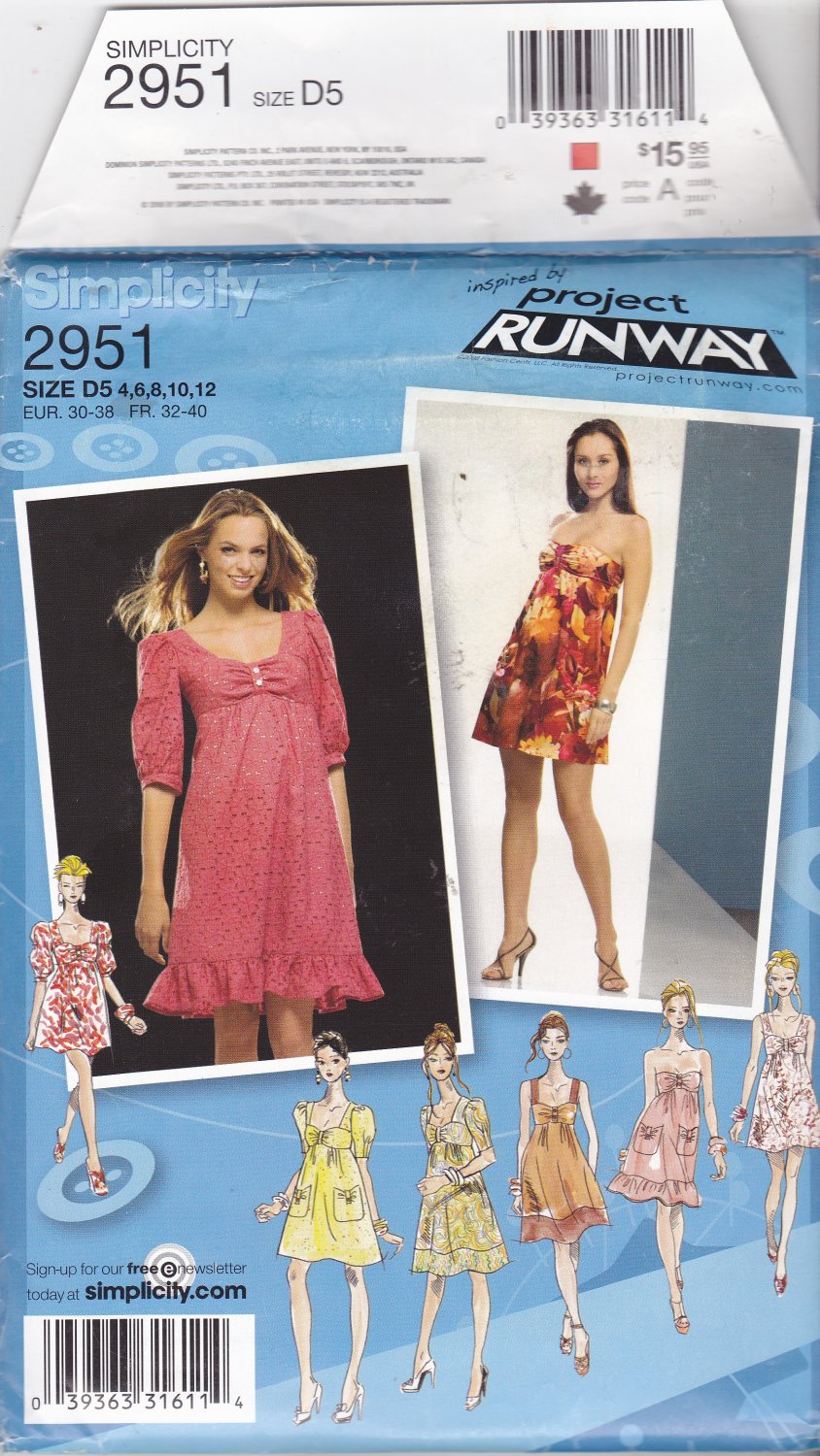Simplicity 2951 Uncut 4 6 8 10 12 Dress or Mini Dress Sleeve and Bodice ...
