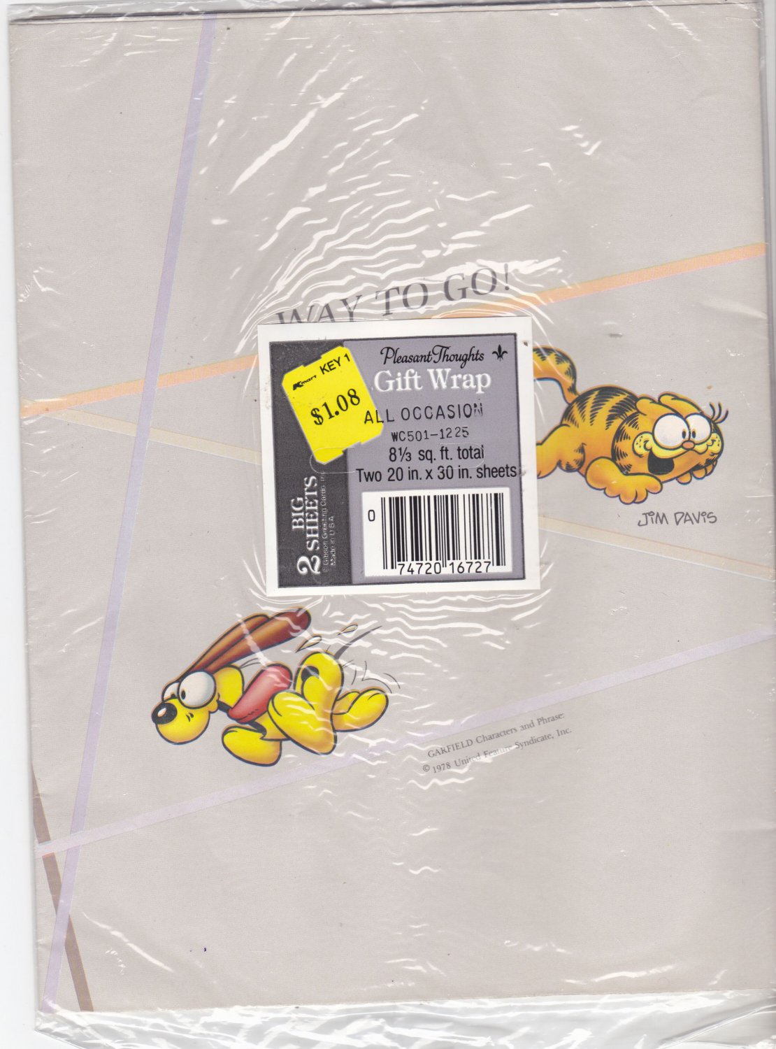 Vintage Garfield Wrapping Paper Way to Go 2 sheets unopened