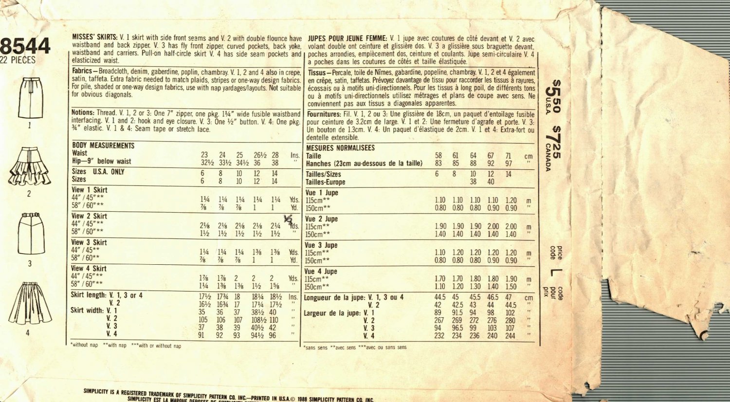 Simplicity 8544 size 14 Skirts, may be missing pieces