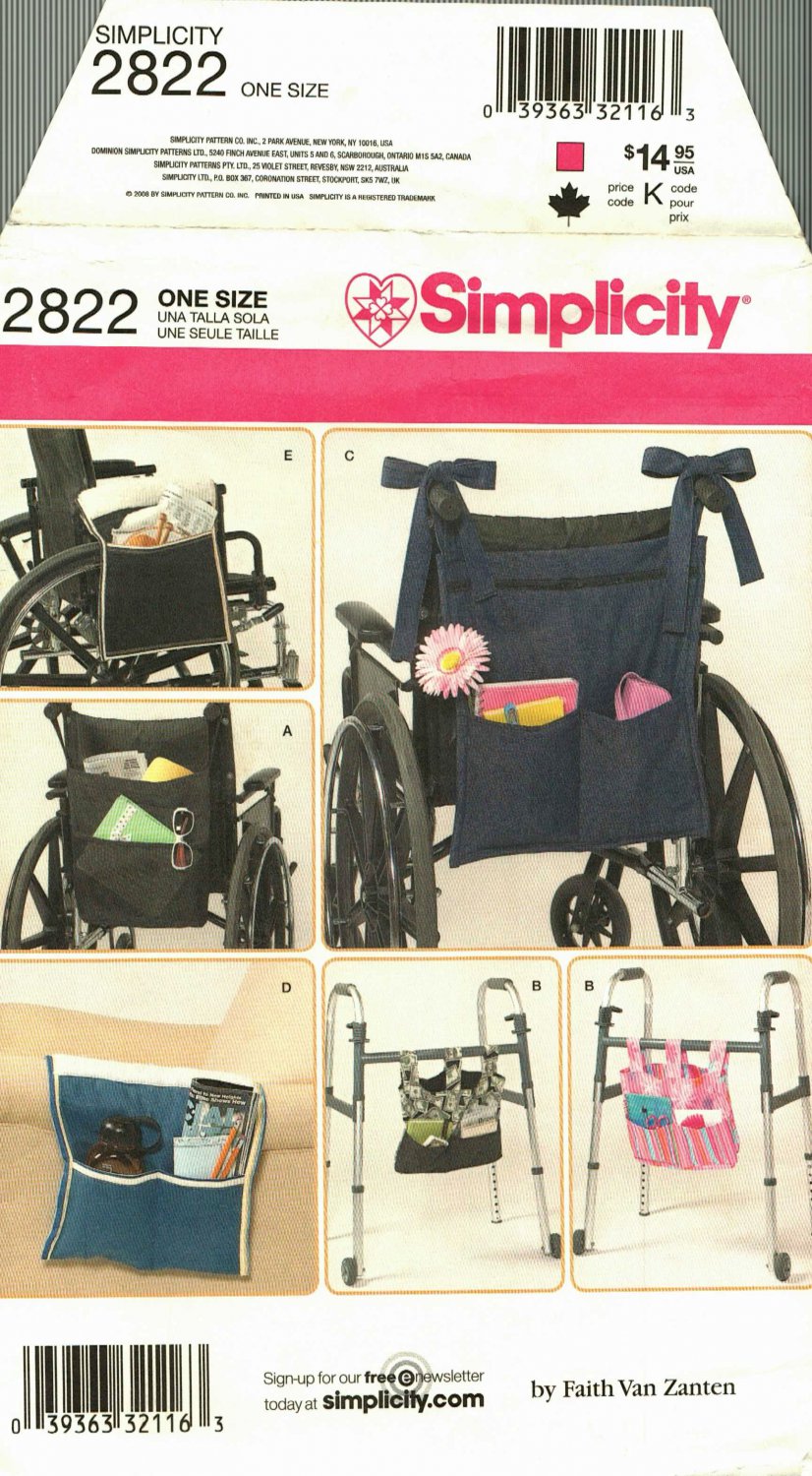 Simplicity 2822 Pattern uncut Organizers Accessories for Wheelchair Walker Lounge Chair