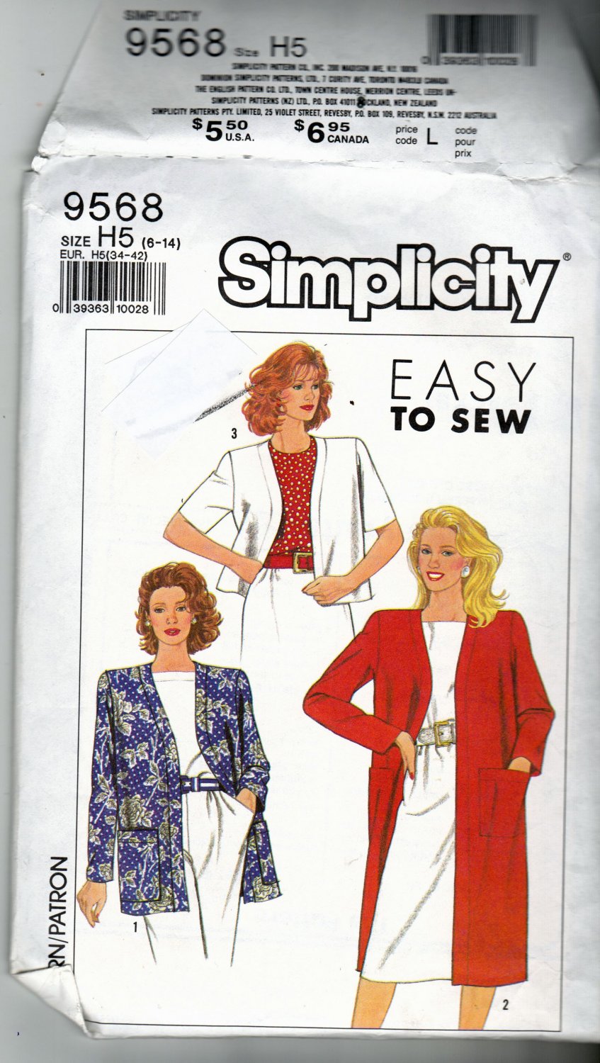 Simplicity 9568 Pattern 6 8 10 12 14 Unlined Jacket in Three Lengths ...