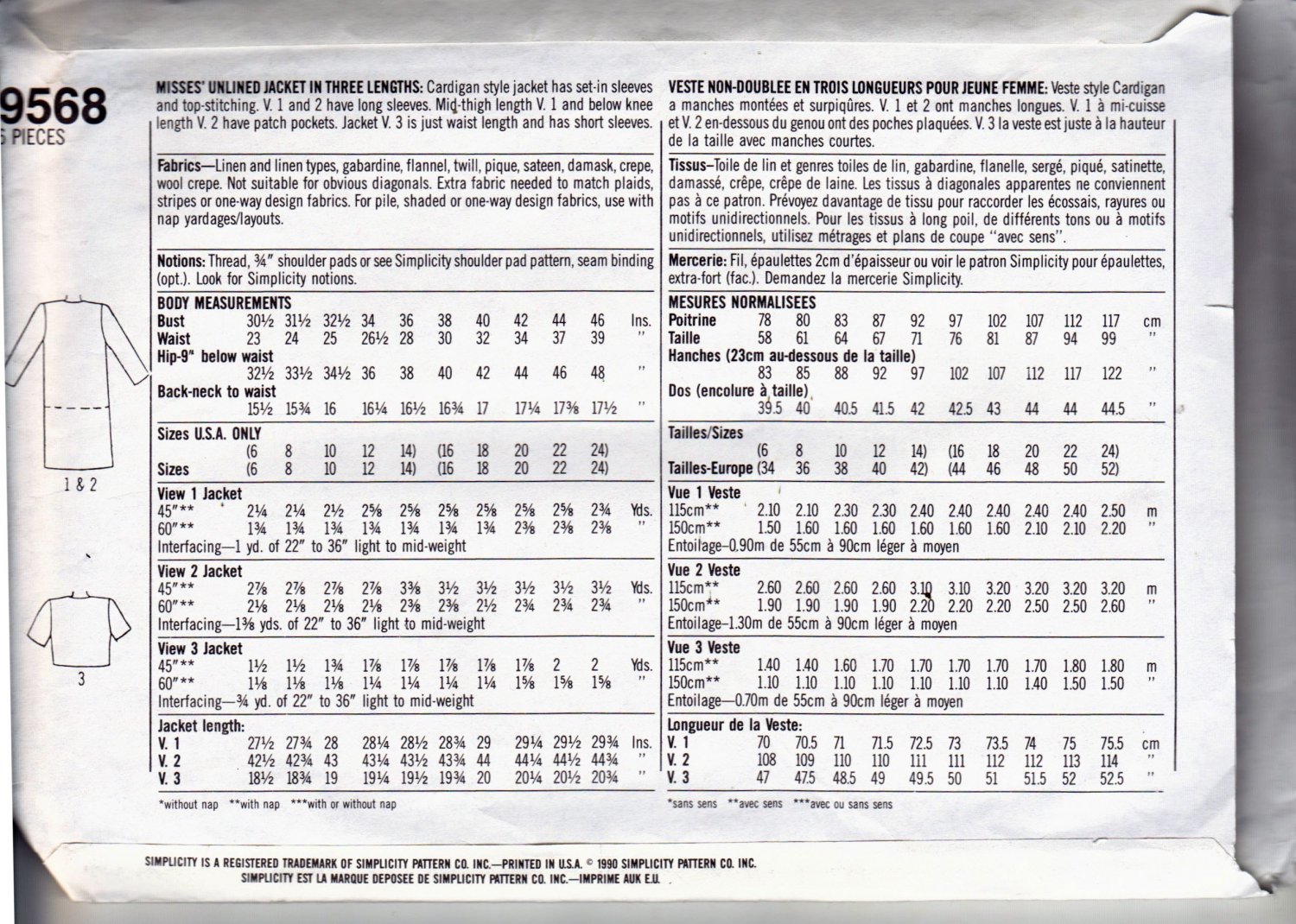 Simplicity 9568 Pattern 6 8 10 12 14 Unlined Jacket in Three Lengths ...