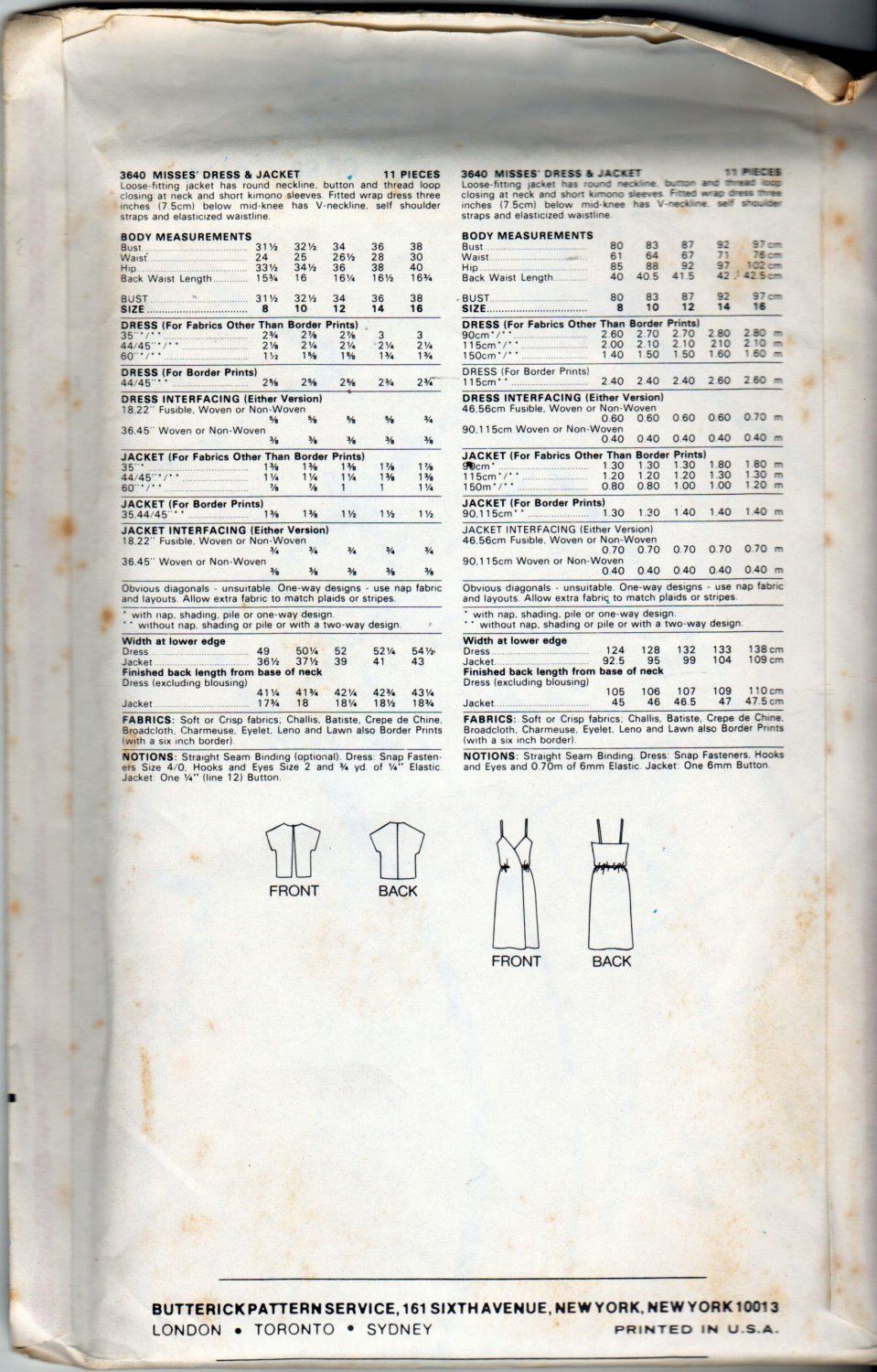 Butterick 3640 Pattern uncut 10 Fitted Shoulder Strap Wrap Dress Jacket