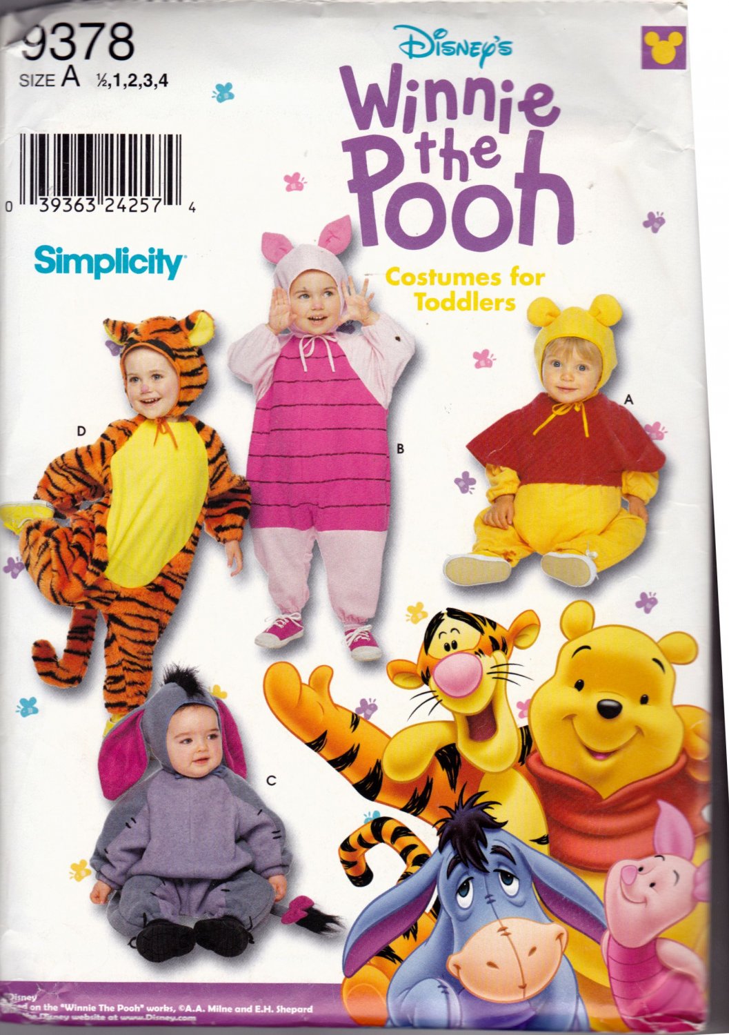 Simplicity 9378 Pattern uncut Babies Toddlers 1/2 1 2 3 4 Pooh Eeyore Tigger Piglet Costumes