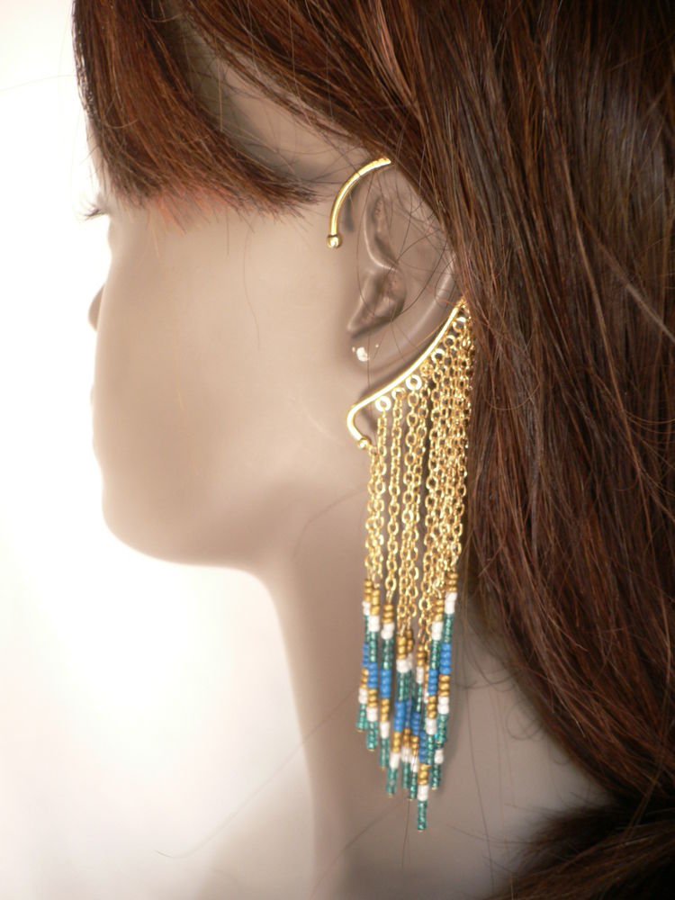 NEW WOMEN FASHION BLUE WHITE BEADS LONG OVER THE EAR CUFF 2 GOLD ...
