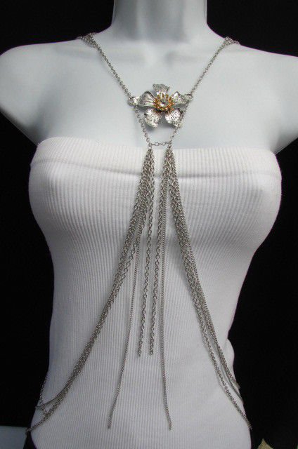 New Women Thin Silver Body Chain Big Flower Pendant Necklace Fashion ...
