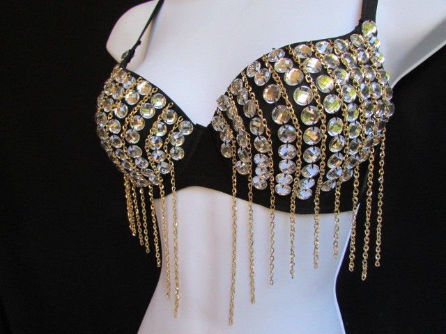 WOMEN BELLY DANCER BRA GOLD MULTY CHAINS BIG SILVER BEADS BRALET ...