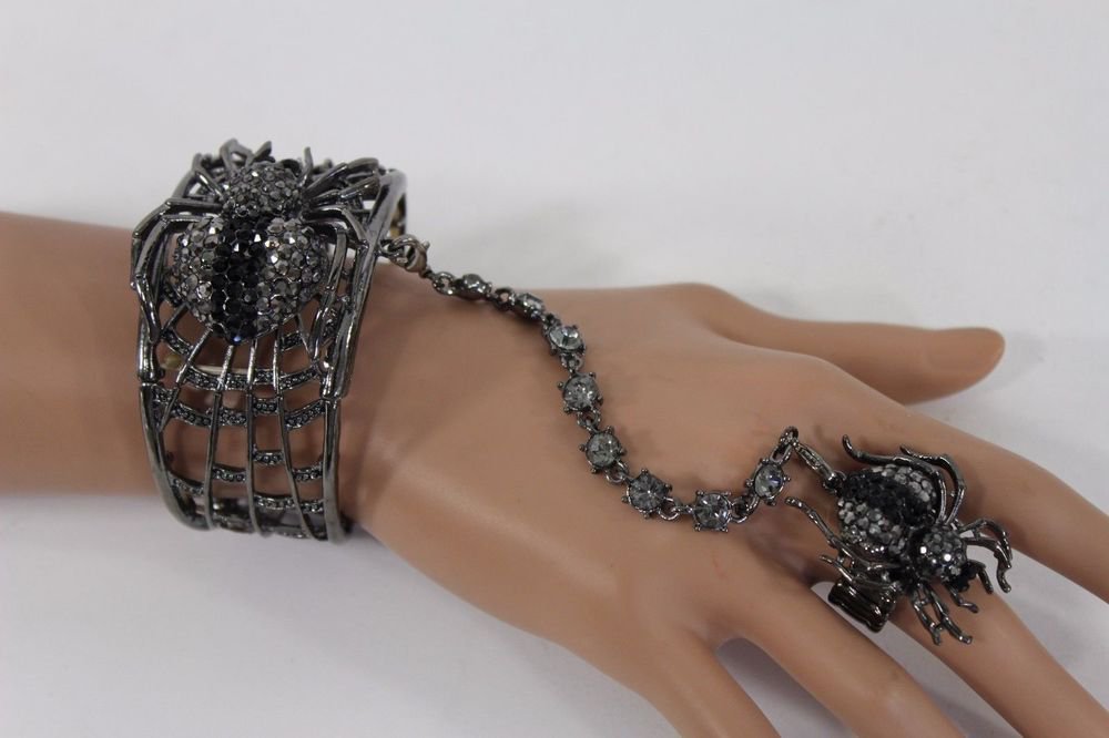 New Women Pewter Metal Hand Chain Slave Ring Fashion Elastic Bracelet ...