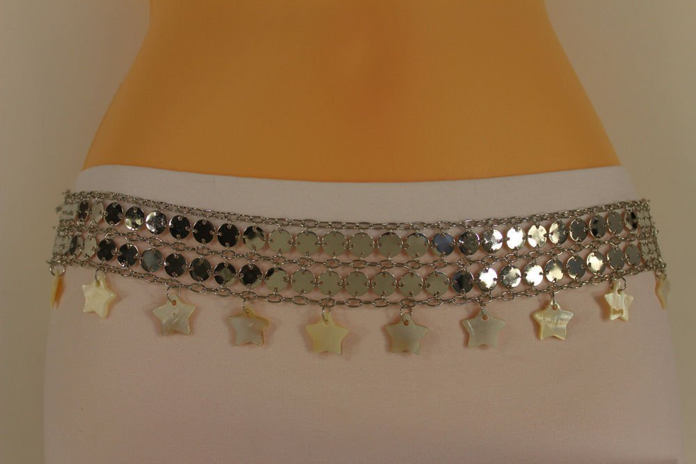 New Women Wide Belt Hip Waist Silver Metal Mesh Chain Stars Charms ...