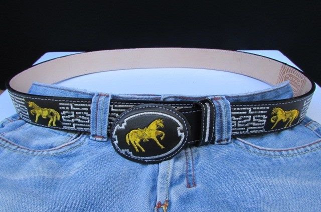 Men Charro Belt Western Fashion Black Leather Mexico Gold Horse Buckle ...